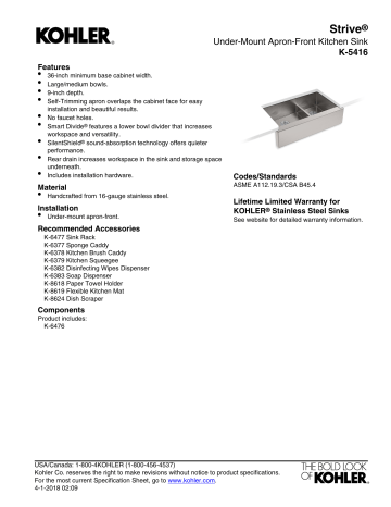 Kohler K-5416-NA Strive Farmhouse Apron Front Undermount Stainless ...