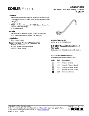 Kohler 76337-2MB Gooseneck Rain Head Arm Specification | Manualzz