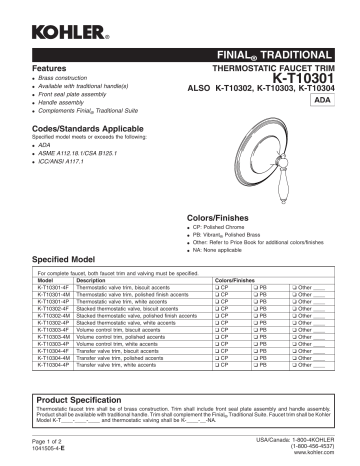 Kohler K-T10303-4M-CP Finial Traditional 1-Handle Volume Control Valve ...