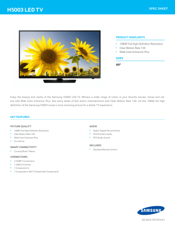 Samsung UN40H5003AF 40 in. Class LED 1080p 60Hz HDTV Specification ...