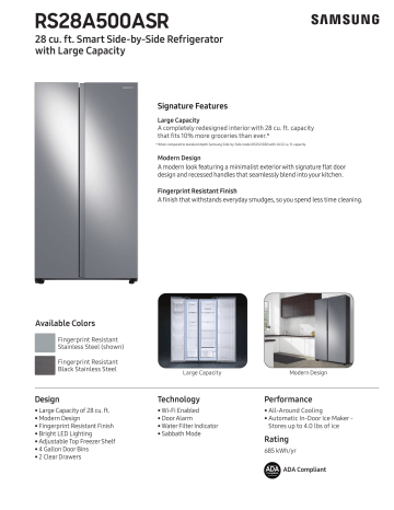 Samsung RS28A500ASR 36 in. 28 cu. ft. Smart Side by Side Refrigerator ...
