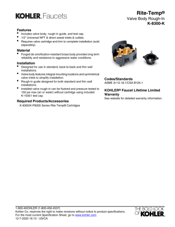 Kohler K-8300-K-NA 1/2 in. Rite-Temp Valve Body Rough-In Specification ...