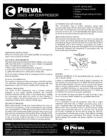 Preval 0923 1/6 HP Compressor Use and Care Manual | Manualzz