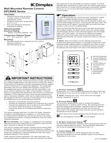 Dimplex DPCRWS Wall Mount Remote Thermostat Kit Instructions | Manualzz