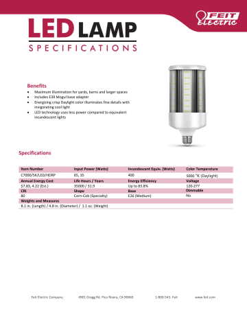 Feit Electric C7000/5K/LED/HDRP 400-Watt Equivalent Corn Cob E26 Base ...