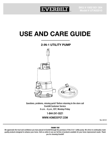 Everbilt UTA02510 1/4 HP 2-in-1 Utility Pump Use and Care Manual | Manualzz