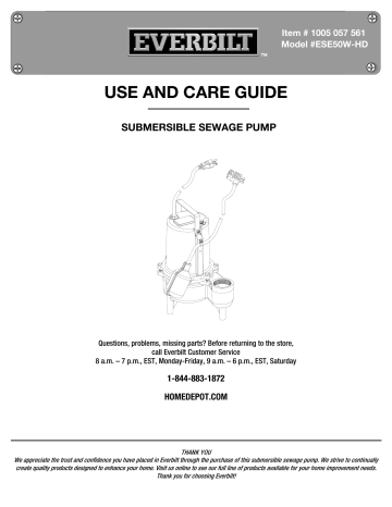 Everbilt ESE50W-HD 1/2 HP Cast Iron Sewage Ejector Pump Use and Care ...