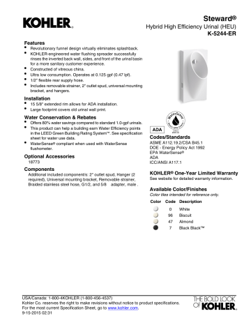Kohler K-5244-ER-0 Steward 0.125 GPF Urinal Specification | Manualzz