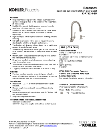 Kohler K-R78035-SD-VS Barossa Specification | Manualzz
