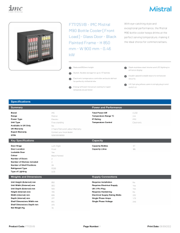 IMC F77/251/B IMC Mistral M90 Bottle Cooler [Front Load] Specification ...