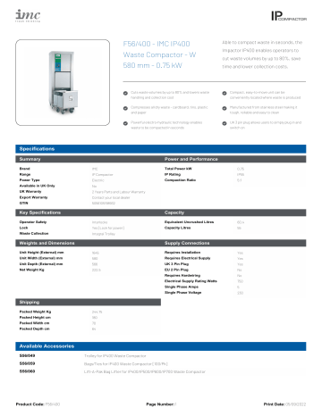 IMC F56/400 IMC IP400 Waste Compactor Specification | Manualzz