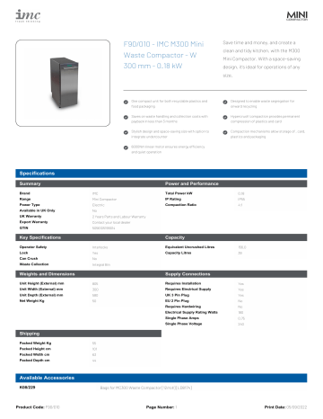 IMC F90/010 IMC M300 Mini Waste Compactor Specification | Manualzz