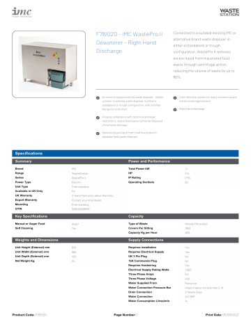 IMC F78/020 IMC WastePro II Dewaterer Specification | Manualzz