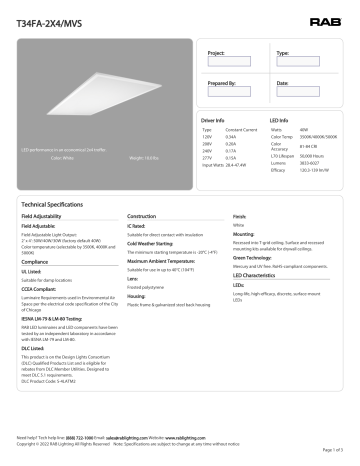 RAB Lighting T34FA-2X4/MVS Panels & Troffer Spec Sheet | Manualzz