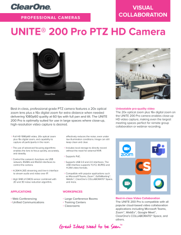 ClearOne UNITE 200 Pro PTZ HD Professional Camera Datasheet | Manualzz