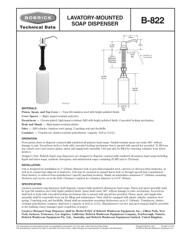 Bobrick B-822 Lavatory Mount Soap Dispenser Specification | Manualzz