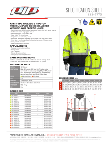 Pip 333-1770-LY/L L Size Bomber Jacket Specification | Manualzz
