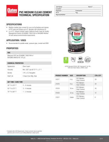 Oatey 31021 1 gal Plastic Clear Pipe Cement Specification | Manualzz
