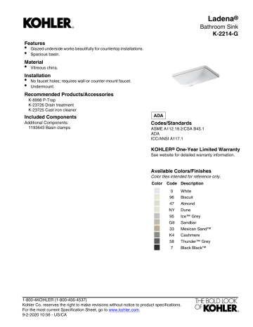 Kohler 2214-G-0 Ladena® Undermount Basin Specification | Manualzz