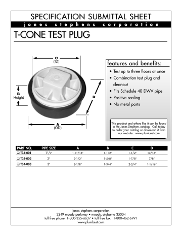 Jones Stephens T34003 T-Cone® 3 in. T-Cone Test Plug Specification ...