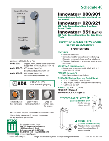 Watco 901-LT-PVC-BZ Innovator® 900 Series Plastic Lift & Turn Drain ...