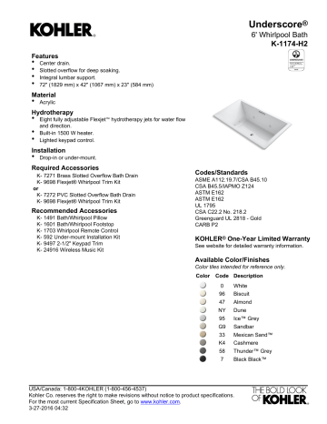 KOHLER 1174-H2-47 Underscore® 72 x 42 in. Whirlpool Drop-In Bathtub Specification | Manualzz
