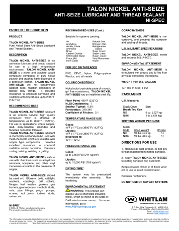 WHITLAM NI16 Talon™ Talon Nickel Anti-Seize Thread Sealant ...