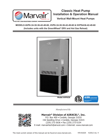 Marvair Airxcel AVPA24HPA-000NU MAVPA Series 2 Tons 10.1 SEER R-410A ...