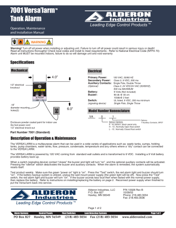Alderon Industries 7001 120V 15 ft. Pump Alarm Specification | Manualzz