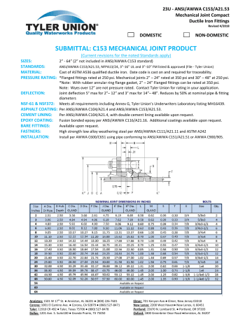 Tyler Union 491248 36 in. Mechanical Joint Ductile Iron AWWA C153 11-1/ ...