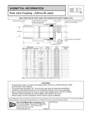 Ford Meter Box C84-31-NL 3/4 x 1/2 in. MIP x CTS Pack Joint Water ...