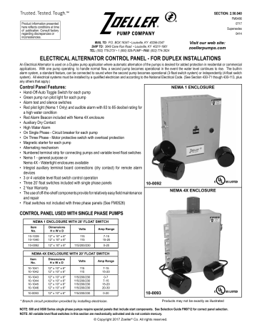 Zoeller 10-1041 115V Electrical Alternator Control Panel Specification ...