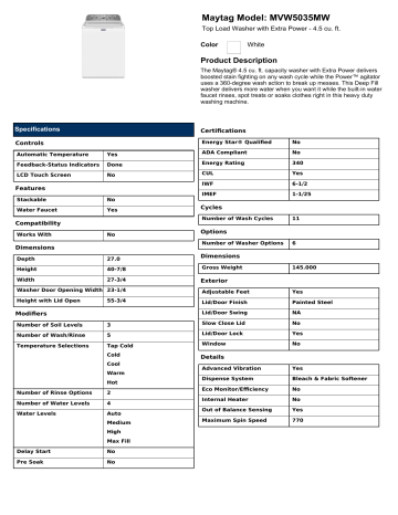 Maytag MVW5035MW Top Load Washer Product details | Manualzz