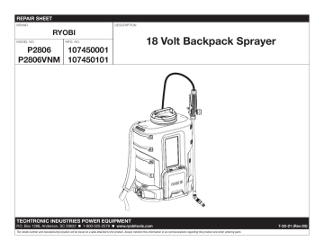 RYOBI P2860 18V ONE+ 4 GALLON BACKPACK CHEMICAL SPRAYER Kit Repair ...
