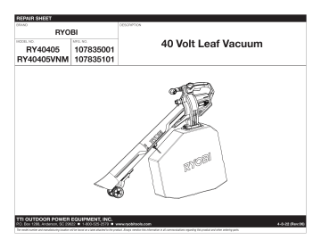 Ryobi RY40451 40V VAC ATTACK LEAF VACUUM/MULCHER KIT User manual | Manualzz