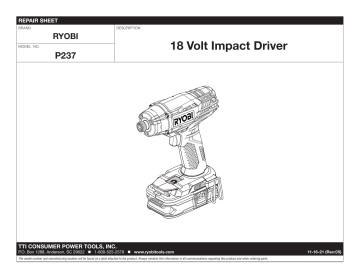 RYOBI P237 18V ONE+ 3-Speed 1/4” Impact Driver Repair Sheet | Manualzz