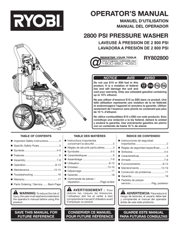 RYOBI RY802800 2800 PSI HONDA Pressure Washer Owner Manual | Manualzz