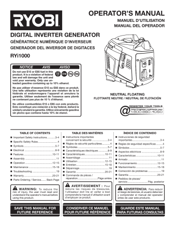 RYOBI RYi1000 1000 WATT INVERTER GENERATOR Owner Manual | Manualzz