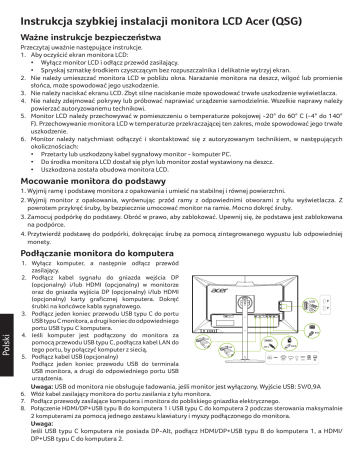 Acer CB322QK Monitor Skrócona instrukcja obsługi | Manualzz