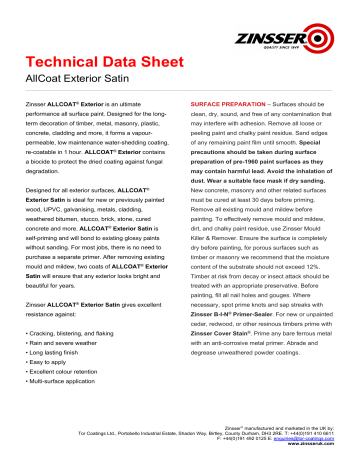 Zinsser AllCoat ® Exterior Satin Technical Data Sheet | Manualzz
