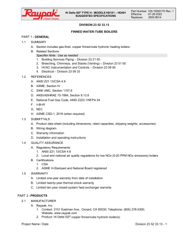 Raypak HD101-HD401 Hi Delta ss Hydronic Boiler Specification | Manualzz