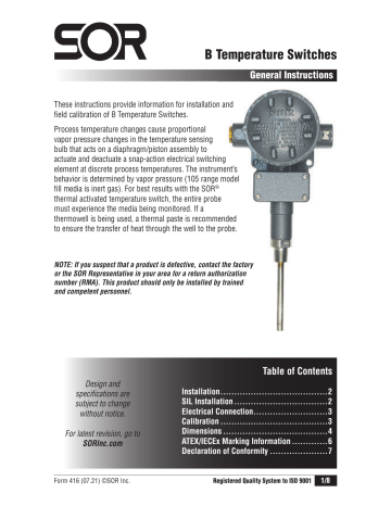 SOR B Series Temperature Switches Instructions | Manualzz