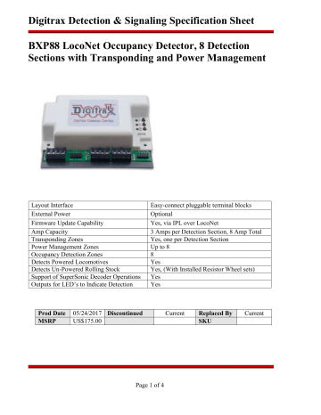 Digitrax BXP88 LocoNet Occupancy Detector Specification Sheet | Manualzz
