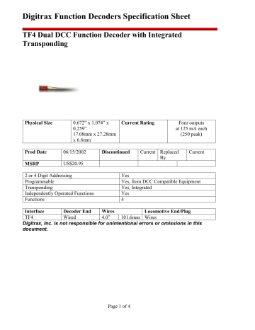 Digitrax TF4 Quad DCC Function Decoder Specification Sheet | Manualzz