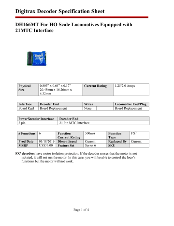 Digitrax DH166MT Mobile Decoder Specification Sheet | Manualzz