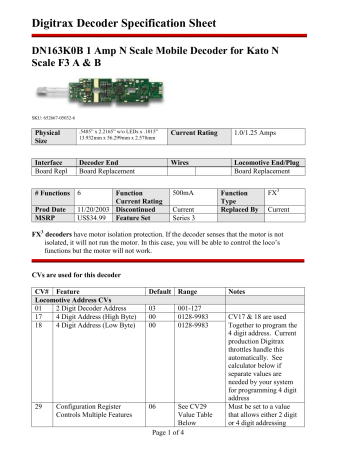 Digitrax DN163K0B 1 Amp N Scale Mobile Decoder Specification | Manualzz