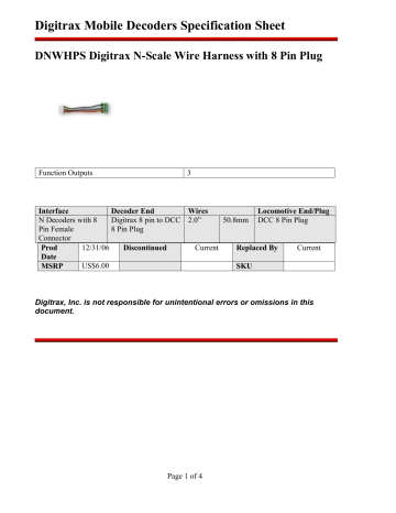 Digitrax DNWHPS Digitrax N-Scale Wire Harness Specification Sheet ...
