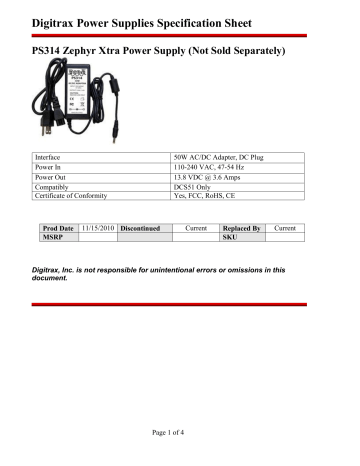 Digitrax PS314 Zephyr Xtra Power Supply Specification | Manualzz