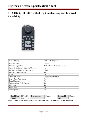 Digitrax UT6 Utility Throttle Specification | Manualzz