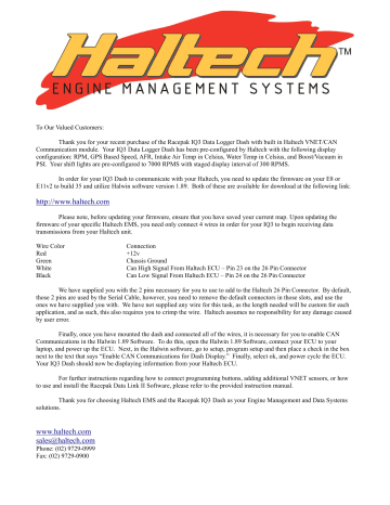 Haltech HT-060100 Haltech IQ3 Logger Dash Quick Start Guide | Manualzz